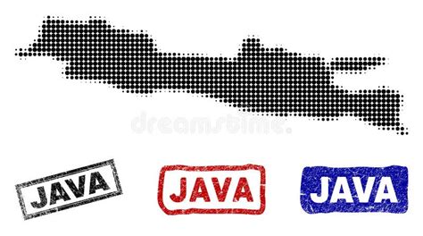 java island map in halftone dot style with grunge name stamps stock
