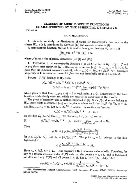 Pdf Classes Of Meromorphic Functions Characterized By The Spherical Derivative