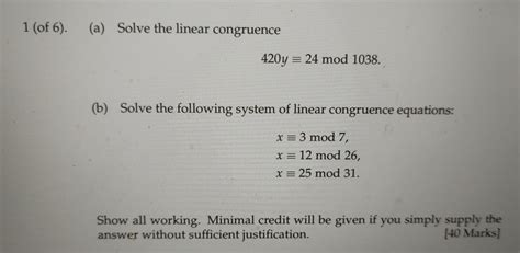 Solved 1 Of 6 A Solve The Linear Congruence 420y 24