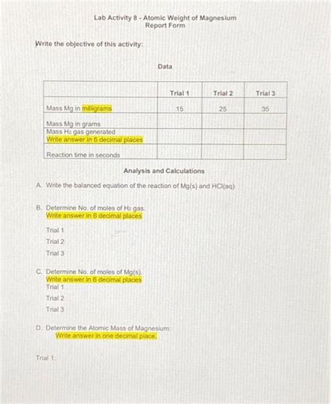 Lab Activity Atomic Weight Of Magnesium Report Form Chegg Com
