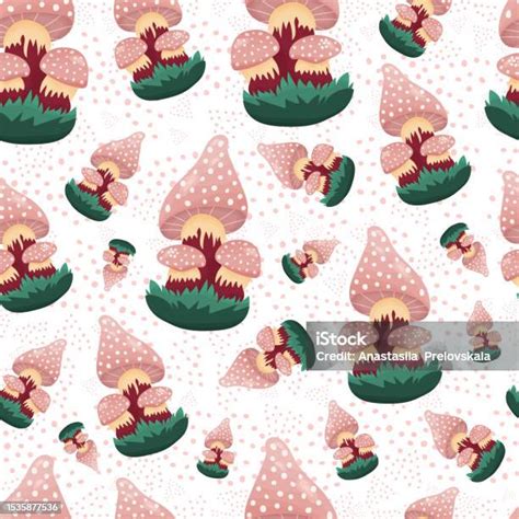 풀밭에 손으로 그린 버섯 귀여운 Fly Agaric 및 흰색 배경에 만화 스타일의 점이 있는 다채로운 이음매 없는 패턴 0명에 대한 스톡 벡터 아트 및 기타 이미지 Istock