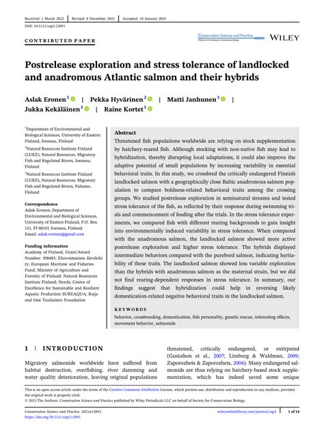 Pdf Postrelease Exploration And Stress Tolerance Of Landlocked And Anadromous Atlantic Salmon
