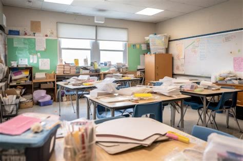 Empty Classroom Setup With Books Pencils And Other Supplies On Desks Stock Illustration