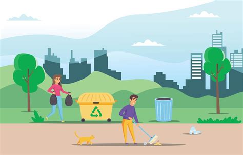 Illustration People Collect And Sort Garbage In City Park Vector Flat