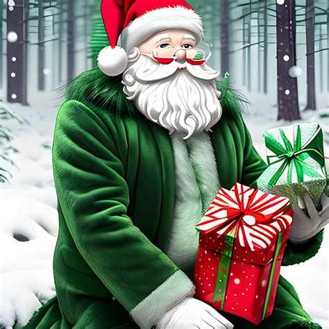 In The Forest Snowfall Santa With A Bag Of Gifts Next To The C