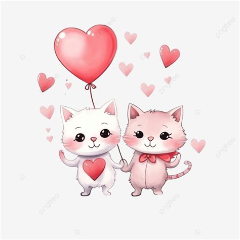 발렌타인 축하 하트 모양의 풍선을 들고 걷는 고양이 두 마리 커플 로맨틱 발렌타인 커플 정사 Png 일러스트 및 이미지 에