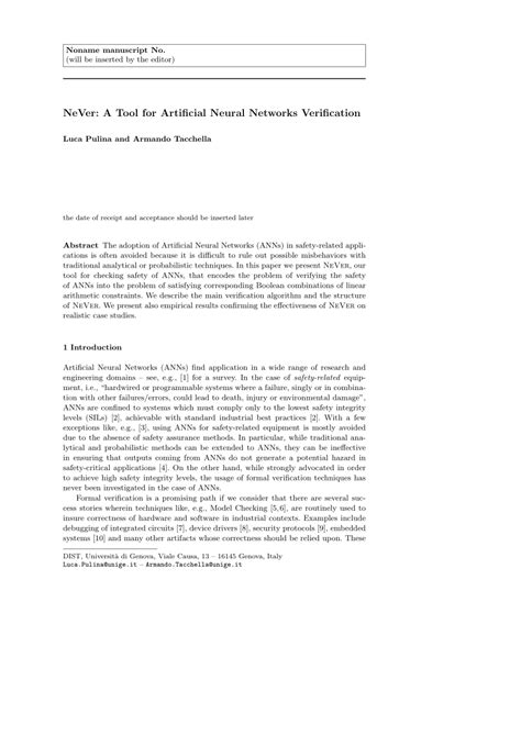 Pdf Never A Tool For Artificial Neural Networks Verification