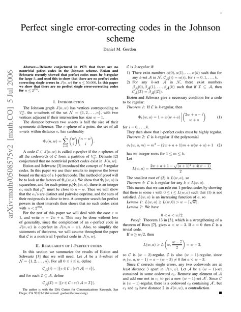 Pdf Perfect Single Error Correcting Codes In The Johnson Scheme