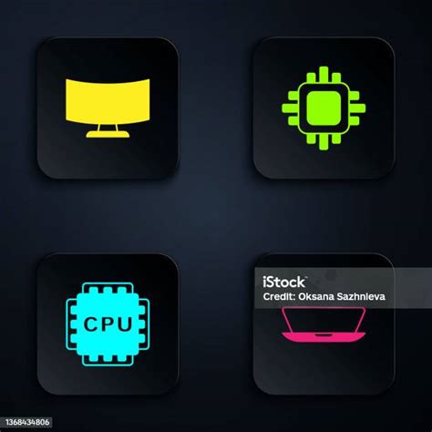랩톱 컴퓨터 모니터 화면 Cpu프로세서 및 를 설정합니다 검은 색 사각형 버튼 벡터 0명에 대한 스톡 벡터 아트 및 기타 이미지 0명 Cpu 개념 Istock
