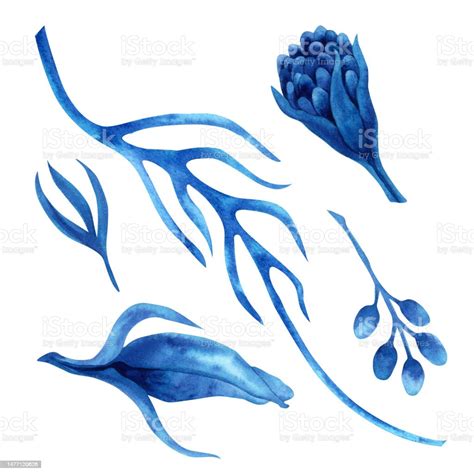 추상 블루 매직 꽃과 초대장 패턴 직물 벽지 스티커에 대한 나뭇잎의 손으로 그린 수채화 그림 요소는 흰색 배경에 격리되어 있습니다 꽃 식물에 대한 스톡 벡터 아트 및 기타