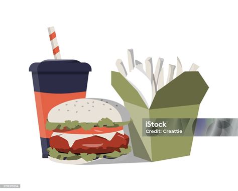 햄버거 감자 튀김 소다를 가진 패스트 푸드 식사 테이크 아웃 빠른 물기 그리고 정크 푸드를 상징하는 평면 벡터 일러스트 레이 션 흰색 배경에 고립되어 있습니다 0명에 대한