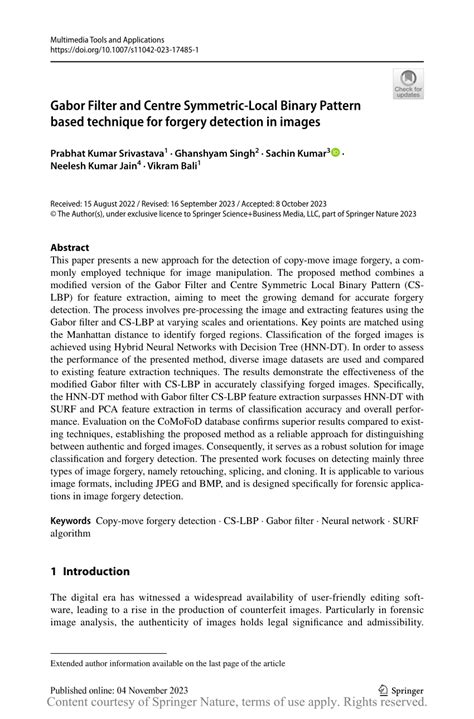 Gabor Filter And Centre Symmetric Local Binary Pattern Based Technique For Forgery Detection In