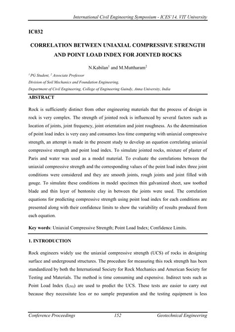 Pdf Correlation Between Uniaxial Compressive Strength And Point Load Index For Jointed Rocks