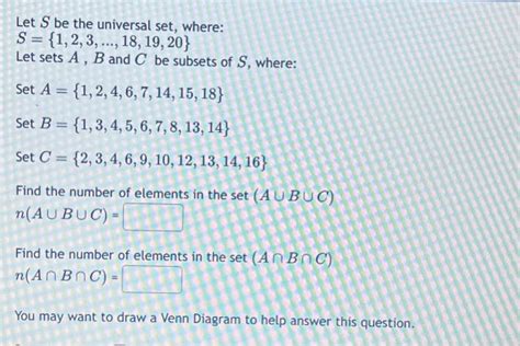 solved s {1 2 3 … 18 19 20} let sets a b and c be subsets of