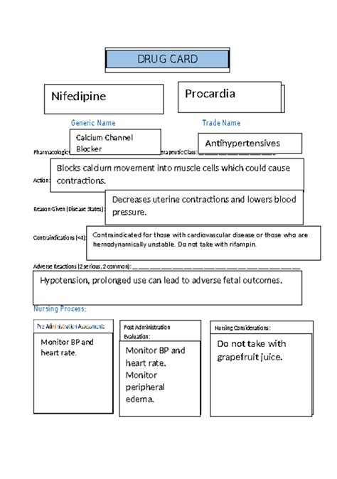 Nifedipine Generic N Am E Trade Nam E Pharmacologic Class