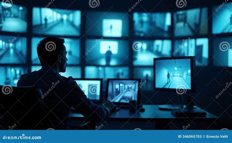 Security Officer Monitoring Surveillance Screens Stock Illustration Illustration Of Tech