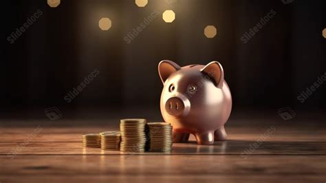 무료 나무 표면에서 사업 성공을 위해 절약하는 개념을 보여주는 3d의 동전과 돼지 저금통 Ppt 배경 Slidesdocs