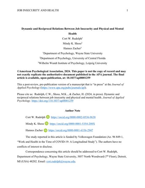 Pdf Dynamic And Reciprocal Relations Between Job Insecurity And Physical And Mental Health