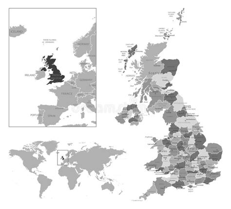 Mapa En Blanco Y Negro Altamente Detallado Del Reino Unido Stock De