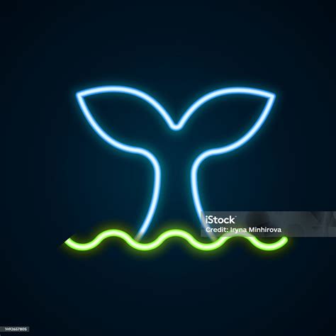 검은 색 배경에 고립 된 바다 파도 아이콘에 빛나는 네온 라인 고래 꼬리 다채로운 개요 개념 벡터 고래에 대한 스톡 벡터 아트