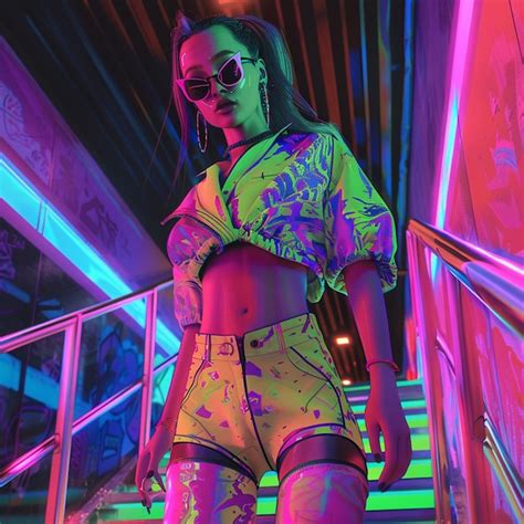 Premium Photo Cyberpunk Lady With Tatto And Neon Colorful Outfit