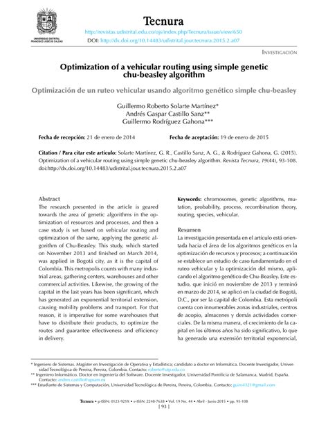 pdf optimización de un ruteo vehicular usando algoritmo genético simple chu beasley