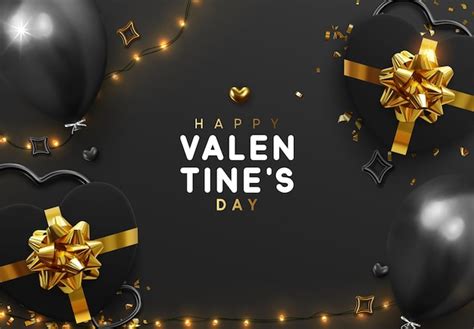 발렌타인 데이 배너 반짝이는 조명 화환의 배경 디자인 하트 모양의 현실적인 선물 상자 검은색 풍선 반짝이는 금색 색종이