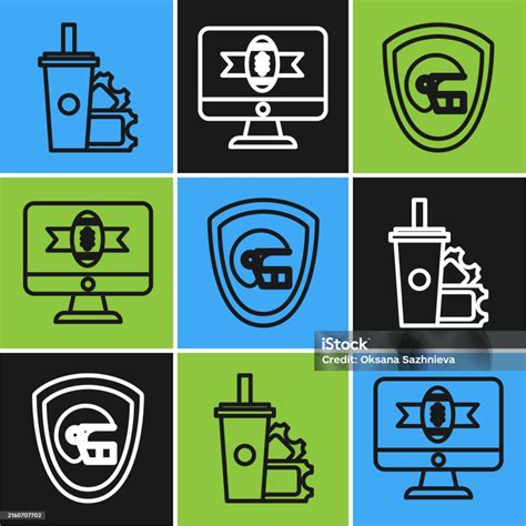 세트 라인 미식 축구 티켓과 종이 유리 소다 마시는 빨대 미식 축구 헬멧과 방패 Tv 프로그램 아이콘에 미식 축구 벡터 경기장에 대한 스톡 벡터 아트 및 기타 이미지