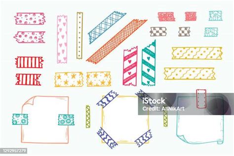 마스킹 테이프와 노트 용지 세트의 다채로운 스트립 손으로 그린 낙서 스티커 테이프 종이 스카치 패턴 접착제 테이프 컬렉션 벡터 일러스트레이션 Washi Paper에 대한