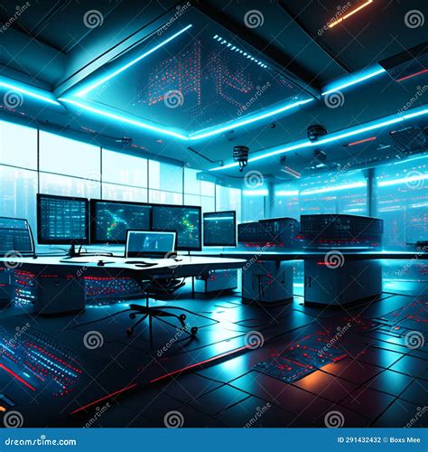 Futuristic Office Interior With Glowing Lights 3d Rendering Generative Ai Stock Illustration