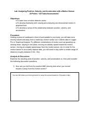 Analyzing Position Velocity And Acceleration With Motion Sensor Course Hero