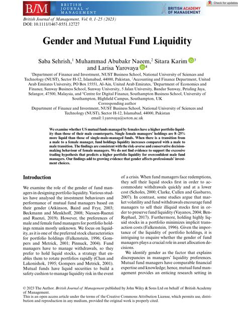 PDF Gender And Mutual Fund Liquidity