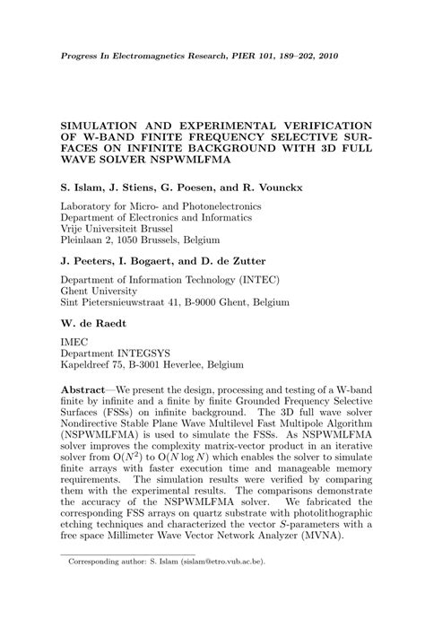 Pdf Simulation And Experimental Verification Of W Band Finite Frequency Selective Surfaces On