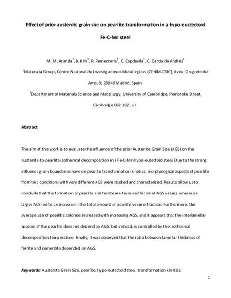 Pdf Effect Of Prior Austenite Grain Size On Pearlite Transformation In A Hypoeuctectoid Fe C
