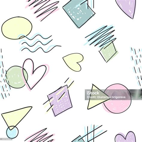 부드러운 색상 손으로 그린 벡터 원 심장 삼각형 파도 및 기타 같은 다양한 모양으로 원활한 패턴 포장지 섬유 인쇄 및 기타 디자인을위한 낙서 스타일 고립 된 그림 0명에