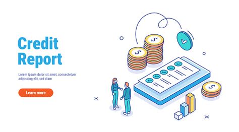 신용 보고서 등각 투영 개념 신용 청구서 승인 결제 승인 은행에서 대출 승인을 받는 신용 점수가 좋은 캐릭터 개인 금융 3d 윤곽선 벡터 일러스트 레이 션입니다 3차원