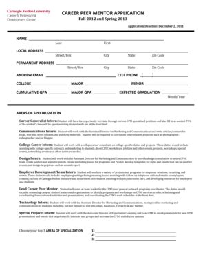 Fillable Online Cmu CAREER PEER MENTOR APPLICATION Carnegie Mellon University Cmu Fax Email