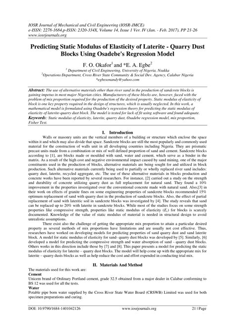 Pdf Predicting Static Modulus Of Elasticity Of Laterite Quarry Dust Blocks Using Osadebes
