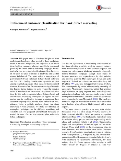 Imbalanced Customer Classification For Bank Direct Marketing Request Pdf