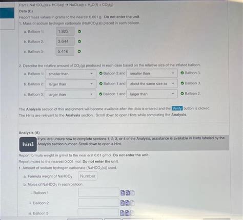Solved Part I NaHCO S HCl Aq NaCl Aq H O N CO G Data Chegg Com