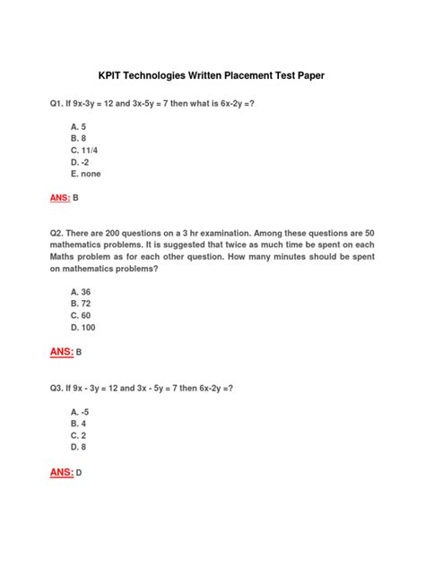 kpit technologies written placement test paper download free pdf