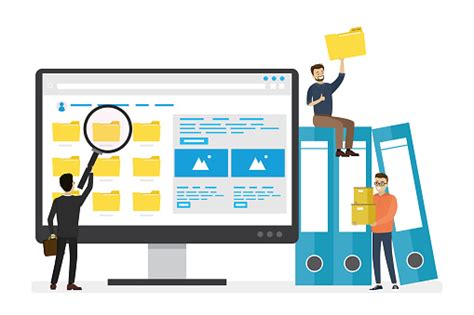 노란색 폴더 문서 및 미디어 콘텐츠로 화면을 모니터링합니다 남성 사무실 서기 또는 직원은 파일을 검색하고 인덱싱합니다 개념에 대한 스톡 벡터 아트 및 기타 이미지 Istock