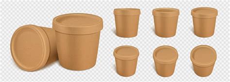 아이스크림 공예 종이 컨테이너 패키지 벡터 이랑 3d 현실적인 빈 종이 요구르트 병 위 및 투명 배경 냉동 젤라토 디저트 에코 재활용 포장 디자인에 고립 된 측면 보기