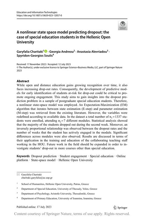 A Nonlinear State Space Model Predicting Dropout The Case Of Special