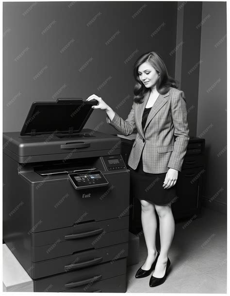 A Woman Is Standing In Front Of An Old Printer With The Word On It Premium Ai Generated Image