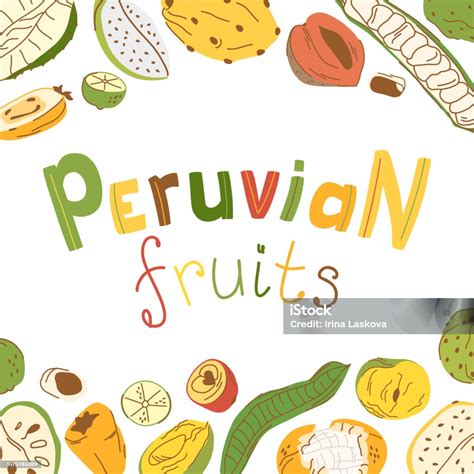 흰색 바탕에 밝은 멀티 컬러 페루 과일 글자와 육즙이 많은 색 과일 과일에 대한 스톡 벡터 아트 및 기타 이미지 과일 페루 문화 0명 Istock