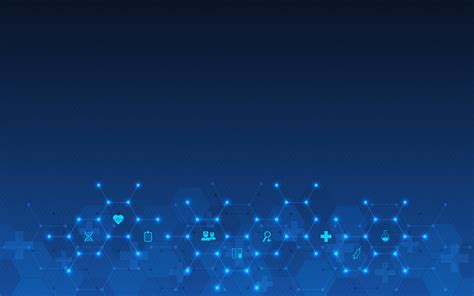 평평한 아이콘과 기호가있는 의료 및 기술 개념의 그림 헬스케어 사업 혁신 의학 과학 배경 의학 연구를 위한 템플릿 디자인 감청색에 대한 스톡 벡터 아트 및 기타 이미지