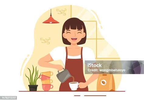 바리스타 그림 평면 만화 손으로 그린 랜딩 페이지 또는 웹 배너 템플릿에서 고객을 위해 커피를 만드는 스탠딩 앞치마를 입고 있다