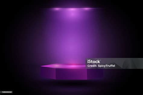 3d 네온 연단 전시 쇼케이스 보라색 제품 디스플레이 프로젝터 조명 텅 빈 육각형 장면 조명 무대 현실적인 기하학적 플랫폼 어두운 방 효과 벡터 배경 메달 수상대에 대한