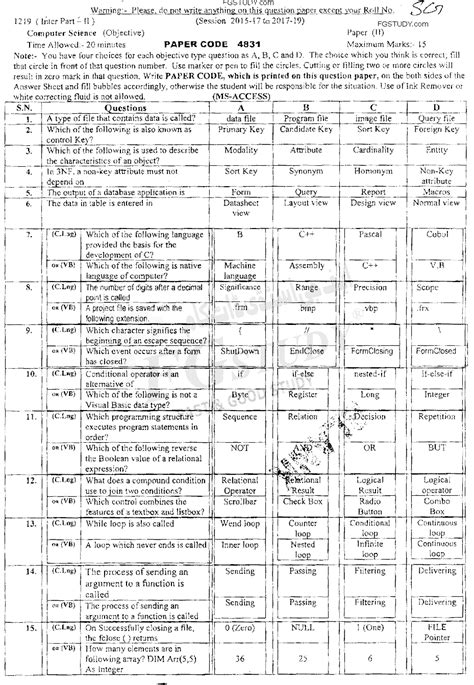 12th class computer science past paper 2019 sargodha board objective